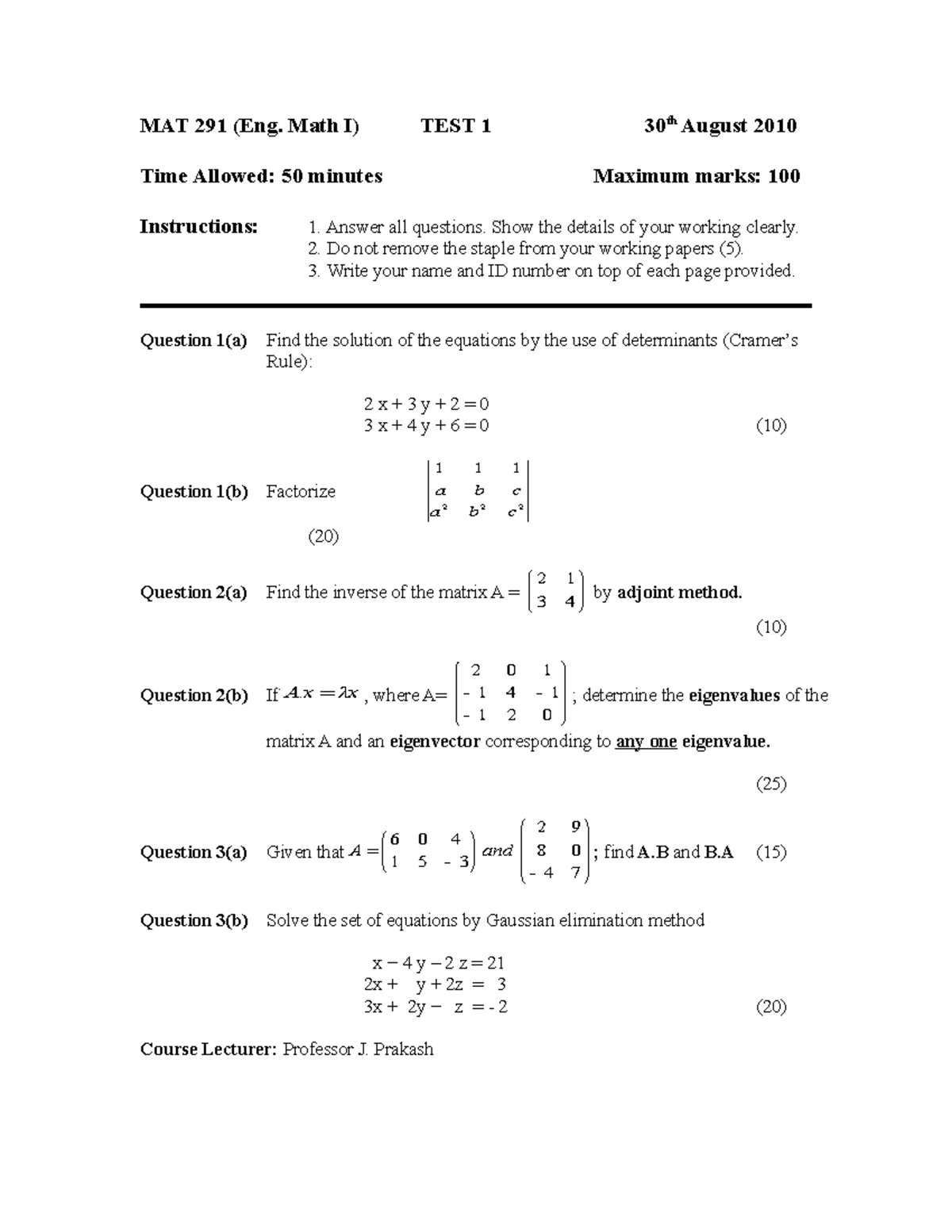 MAT 291(Test 1)(30 August 2010 ) - Engineering Mathematics - UB - Studocu