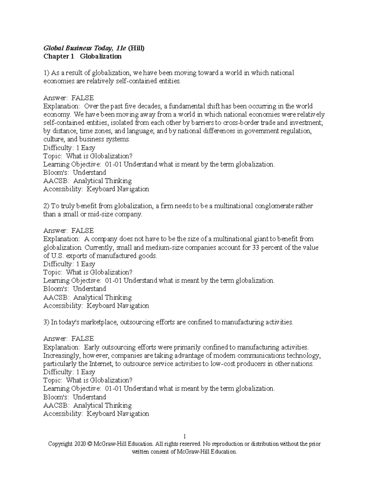 Hill11 Chapter 01 TB Answer Key - Global Business Today, 11e (Hill ...