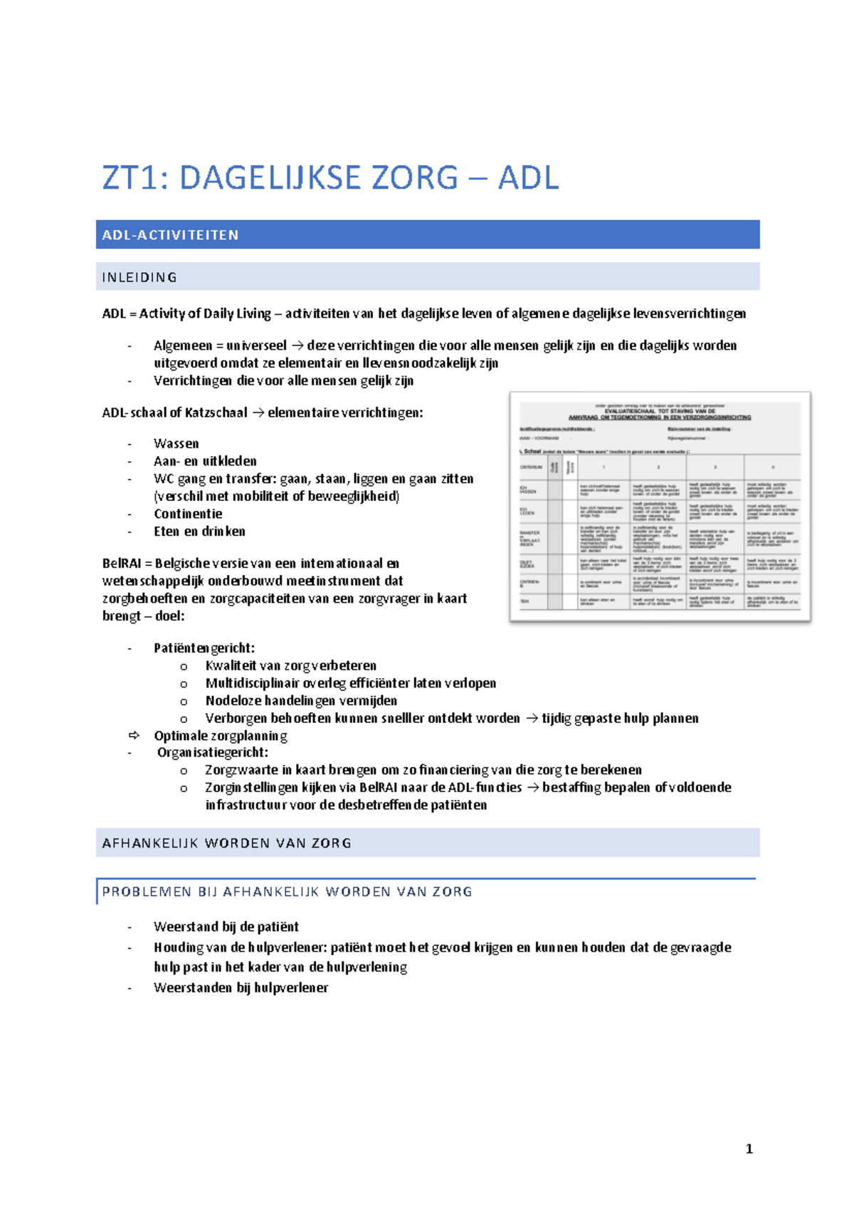 Zorgthema 1 ADL - ZT1: DAGELIJKSE ZORG – ADL ADL-ACTIVITEITEN INLEIDING ...