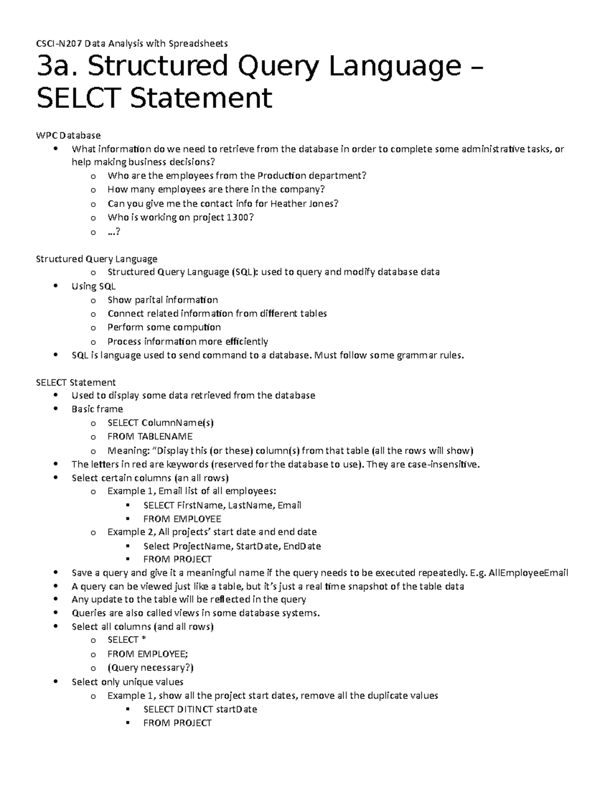 Unit 2 notes- 3a. Structured Query Language – SELCT Statement WPC ...