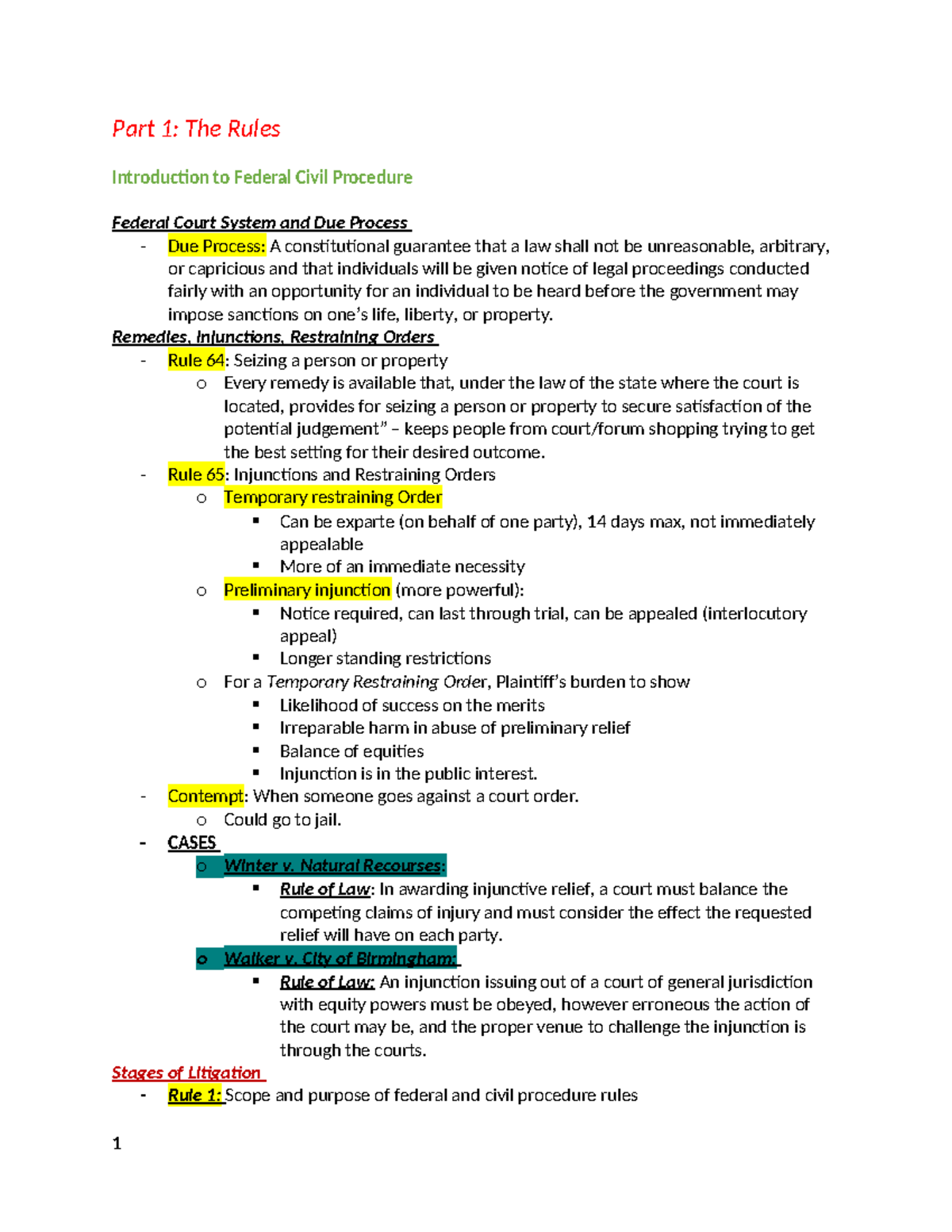 Civil Procedure Outline - Part 1: The Rules Introduction to Federal ...
