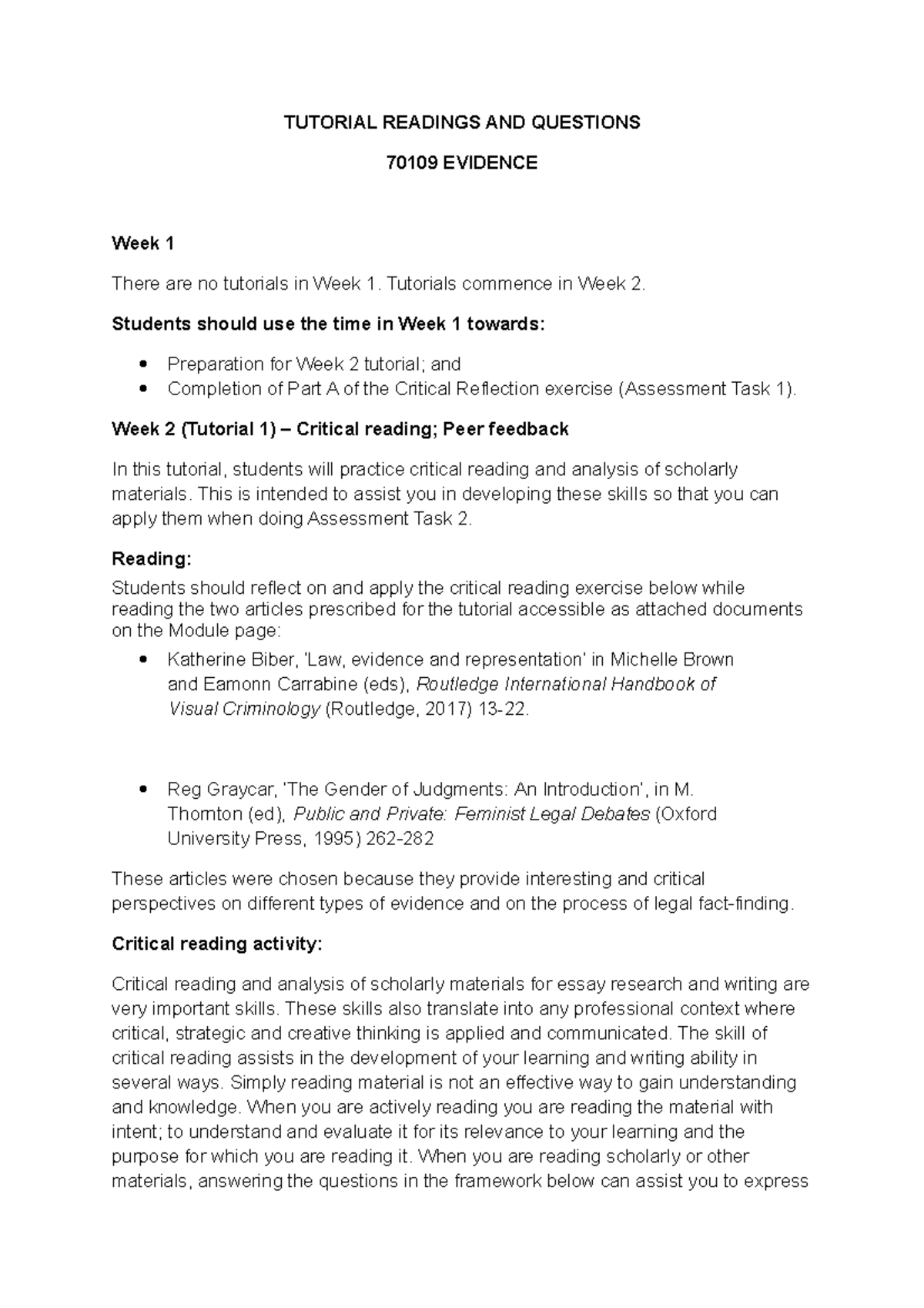 Student Tutorial Materials Week 1 and 2 - TUTORIAL READINGS AND QUESTIONS 70109 EVIDENCE Week 1 ...