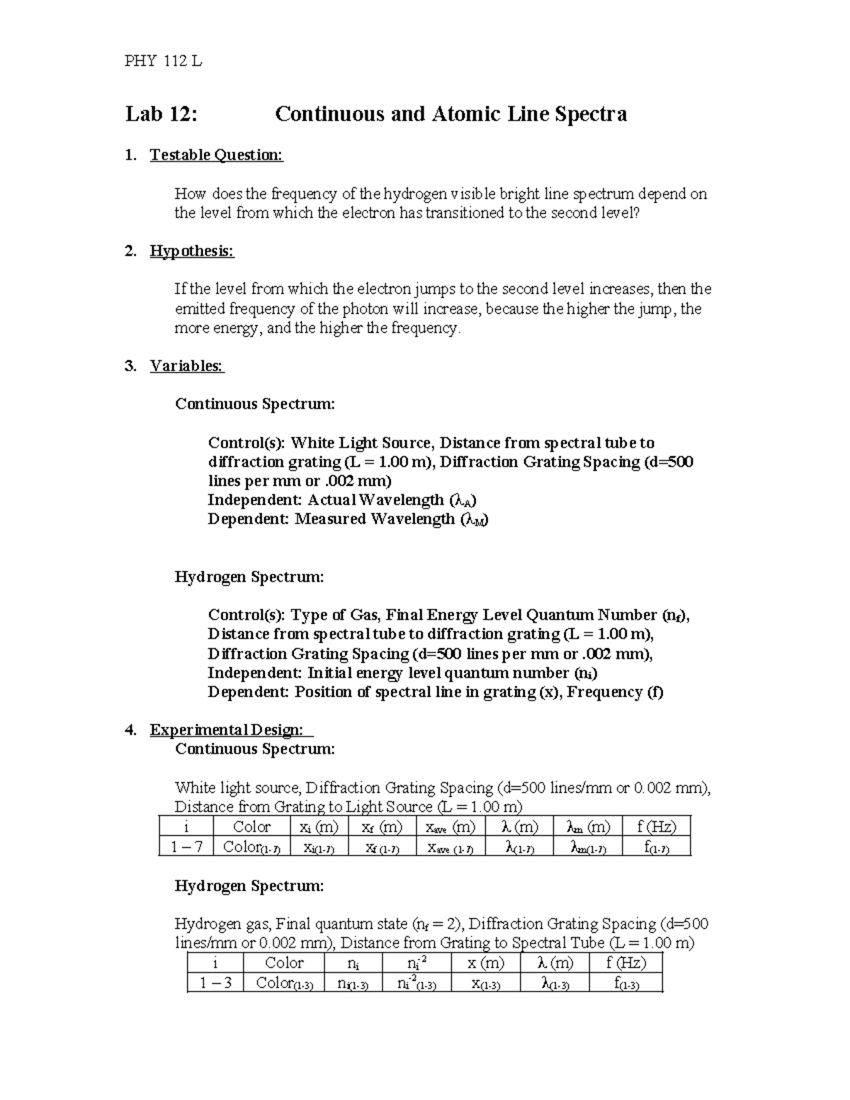 PHY112 - Lab 12: Continuous and Atomic Line Spectra Testable Question ...