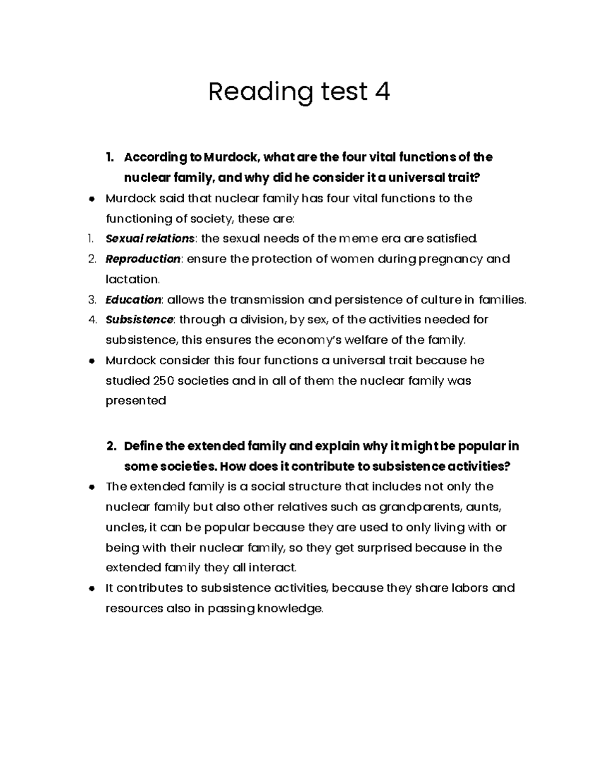 Reading test 4 - Antropologhy - Reading test 4 1. According to Murdock ...