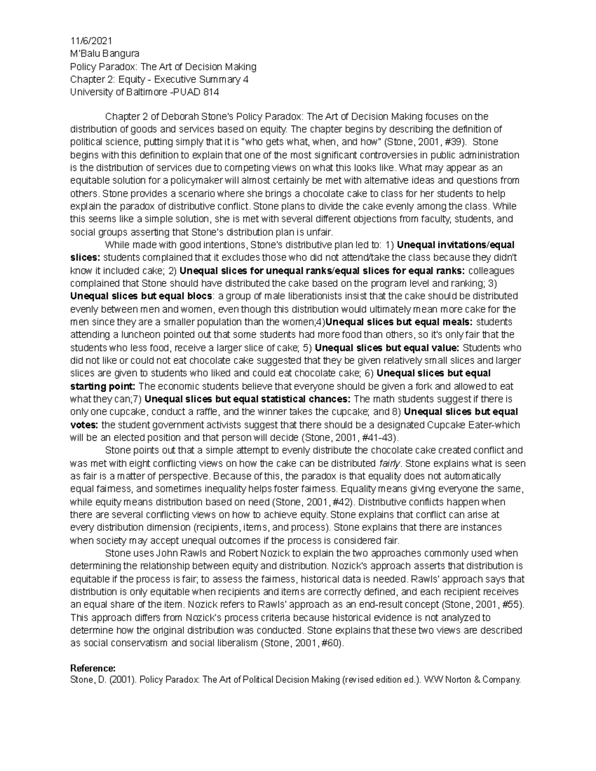 Deborah Stone Policy Paradox Chapter 2 - Bangura Policy Paradox: The ...