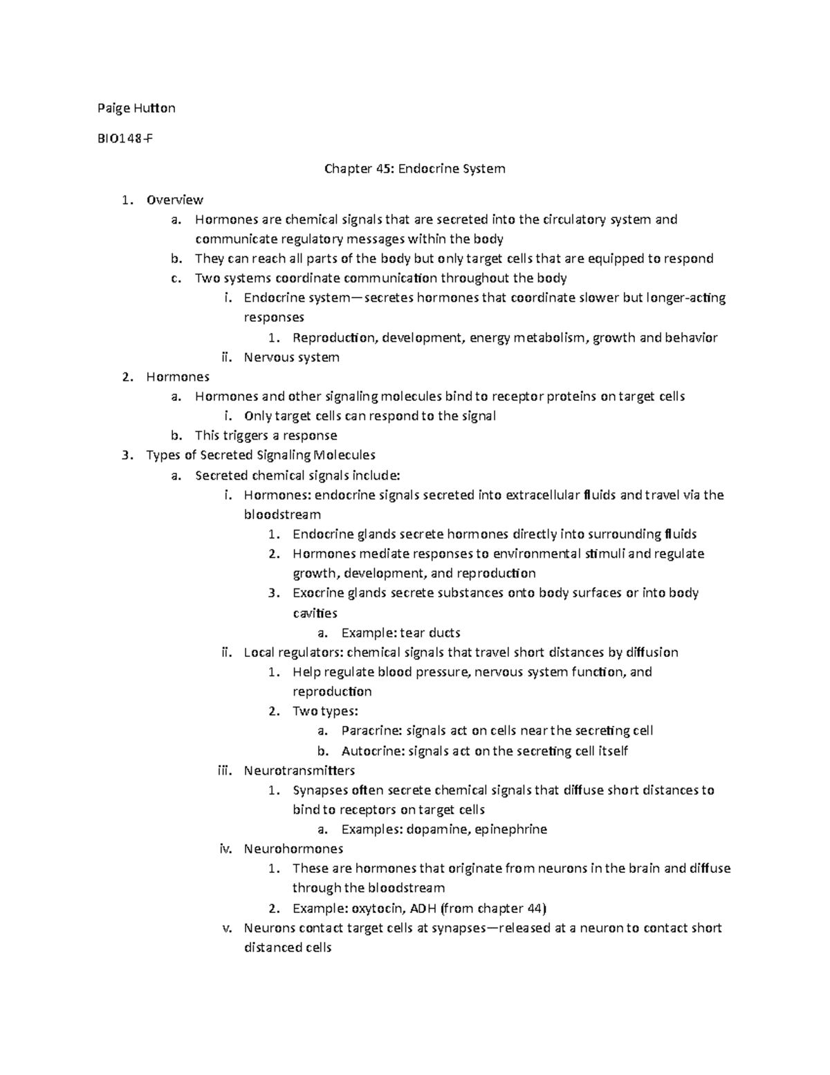 BIO148 Chapter 45 Notes - Paige Hutton BIO148-F Chapter 45: Endocrine ...