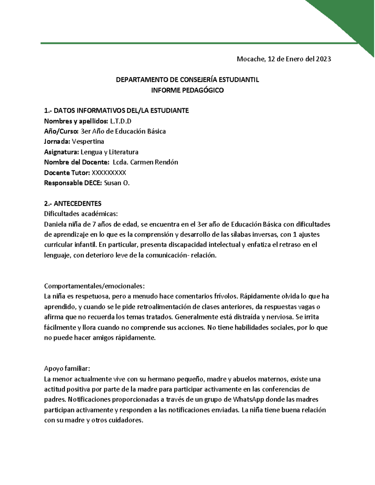 Informe Pedagógico CASO - 1 Mocache, 12 de Enero del 2023 DEPARTAMENTO ...
