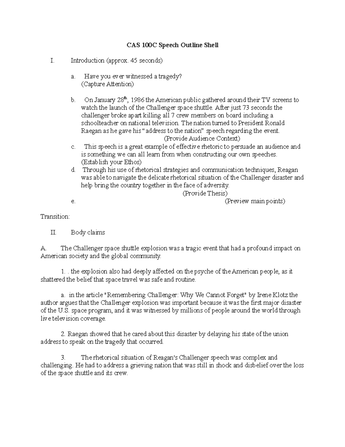 Rhetorical situation speech outline - CAS 100C Speech Outline Shell I ...