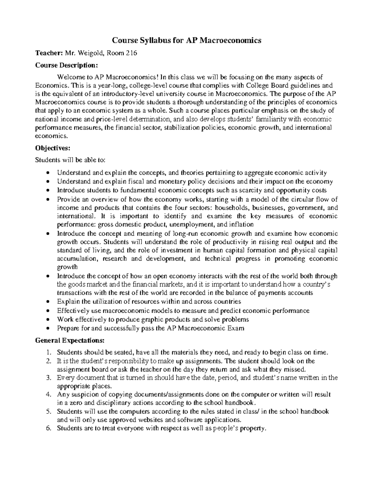 Course Syllabus For Macroeconomics Course Syllabus For AP