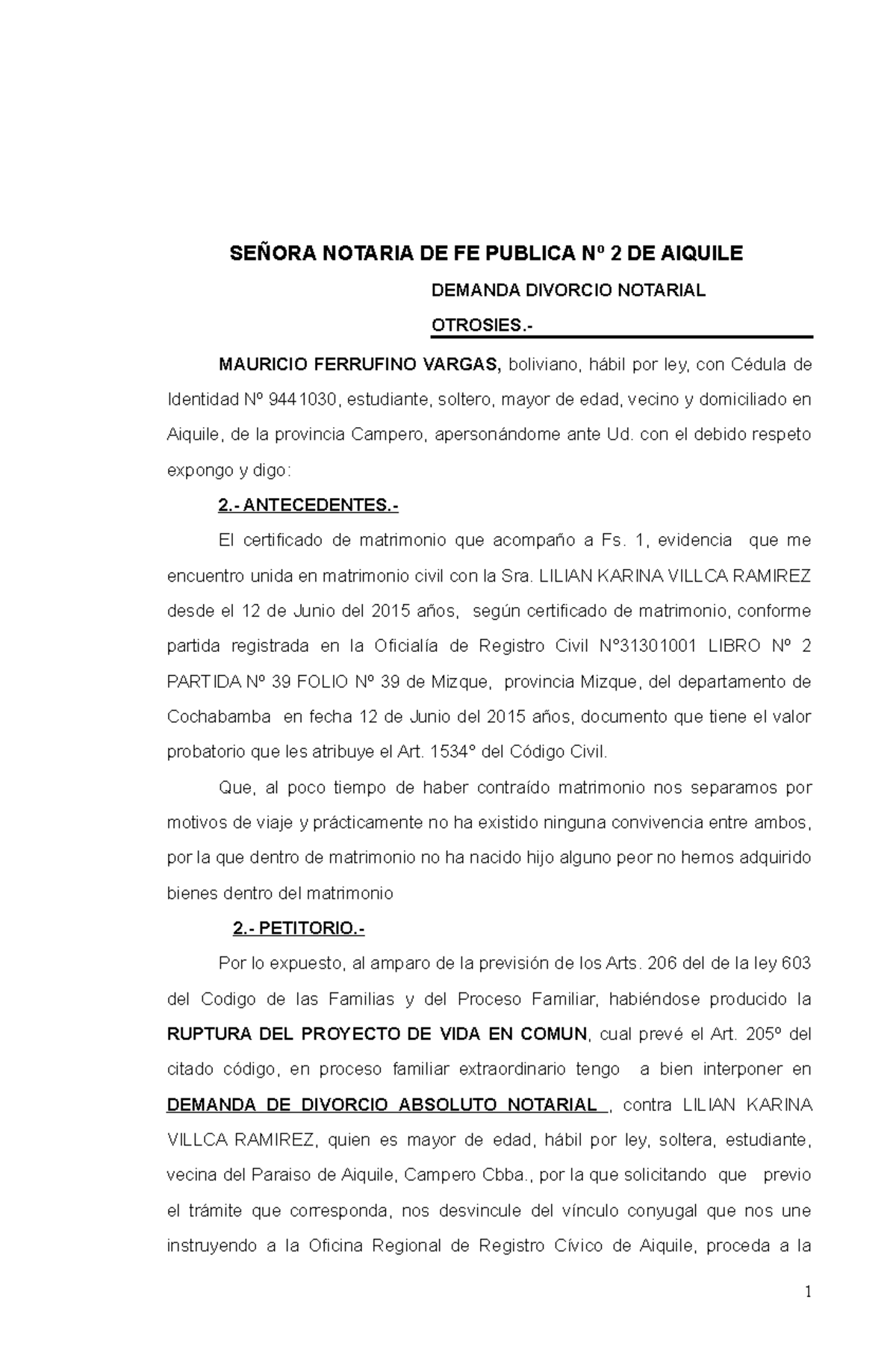 Divorcio Notarial - SEÑORA NOTARIA DE FE PUBLICA Nº 2 DE AIQUILE ...