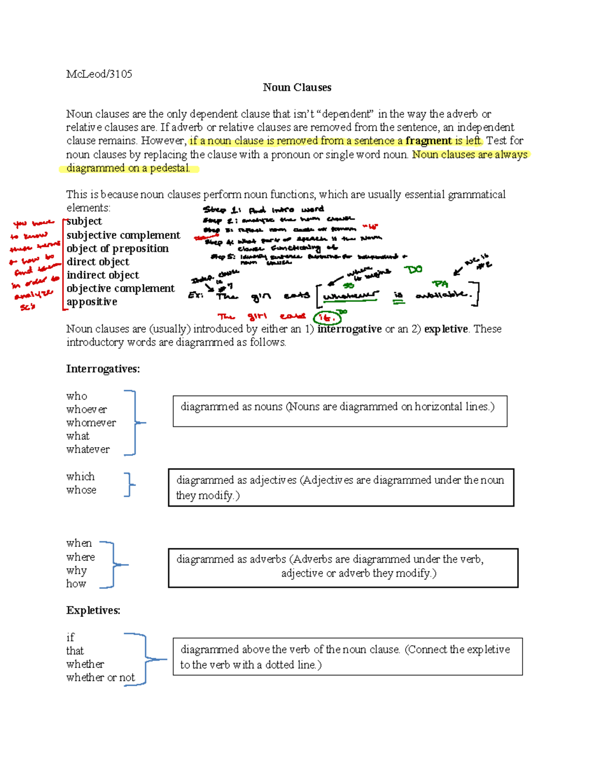 Noun Clauses - Lecture Notes given by Dr. McLeod as well as some follow ...