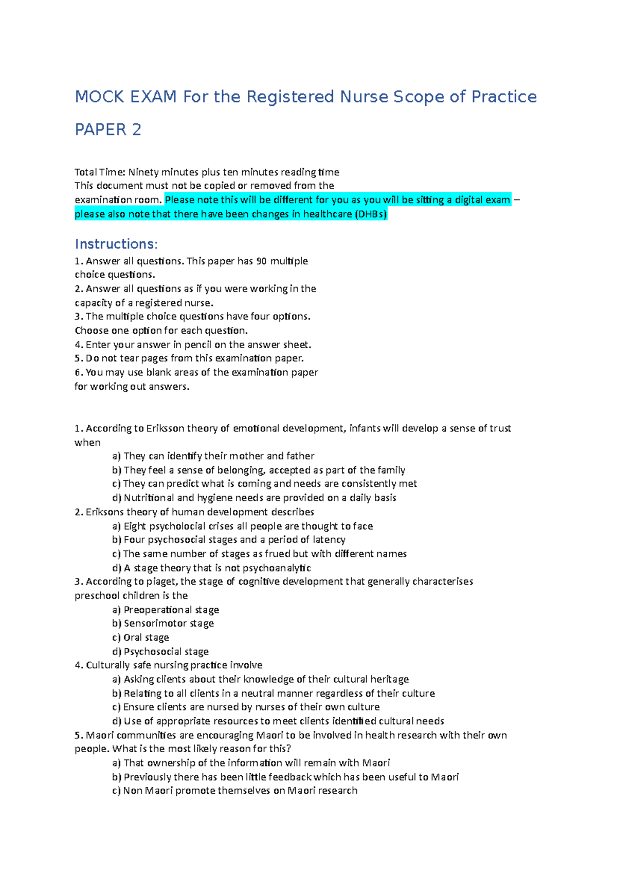 Mock exam P2 - MOCK EXAM For the Registered Nurse Scope of Practice ...