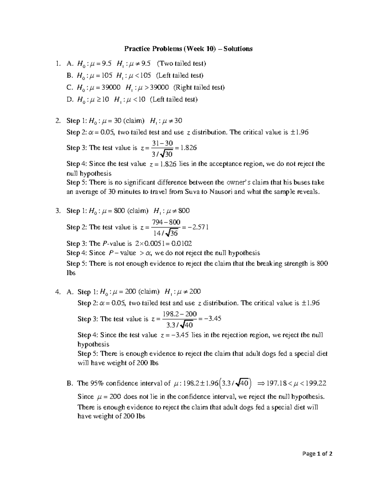 Practice Problems (Week 10) sol - Page 1 of 2 Practice Problems (Week 10) – Solutions 1. A. H 0 ...