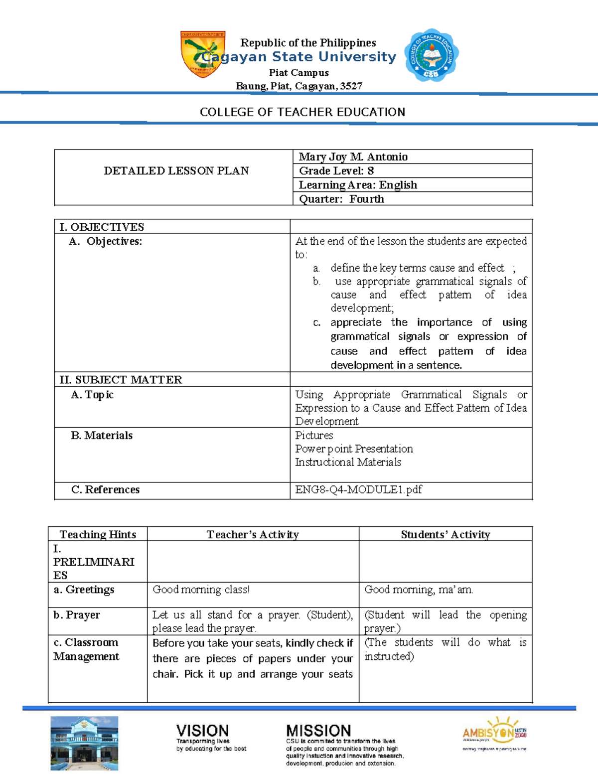 DLP ( Cause) Maryjoy - Lesson Plan - COLLEGE OF TEACHER EDUCATION ...