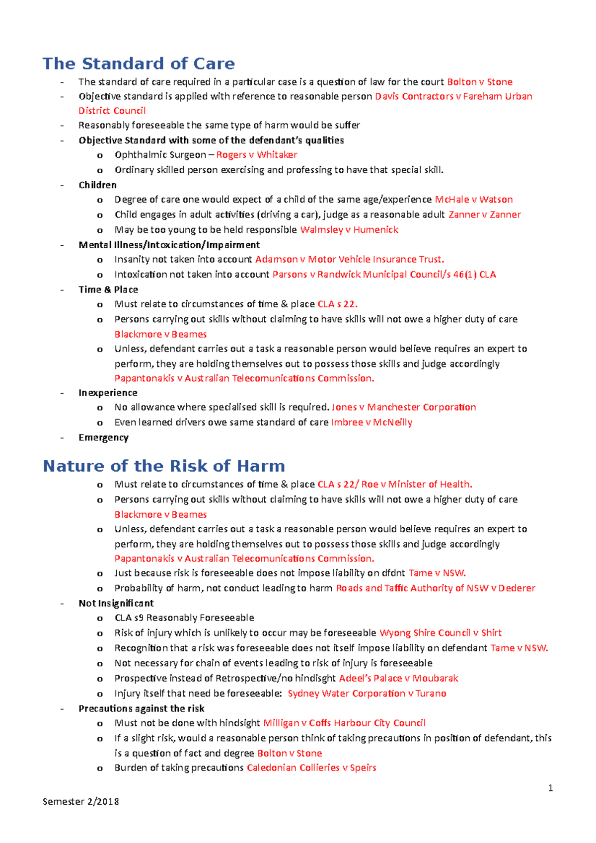Exam Notes - The Standard of Care The standard of care required in a ...