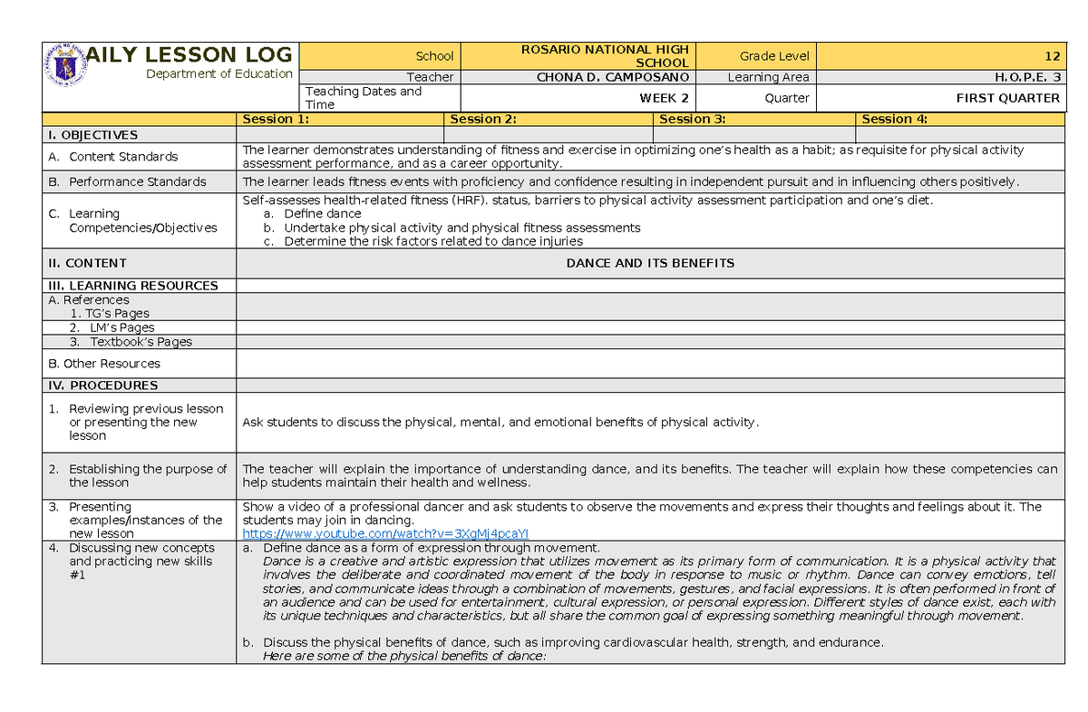 WEEK 2 - shs 12 PE DLL - DAILY LESSON LOG Department of Education ...