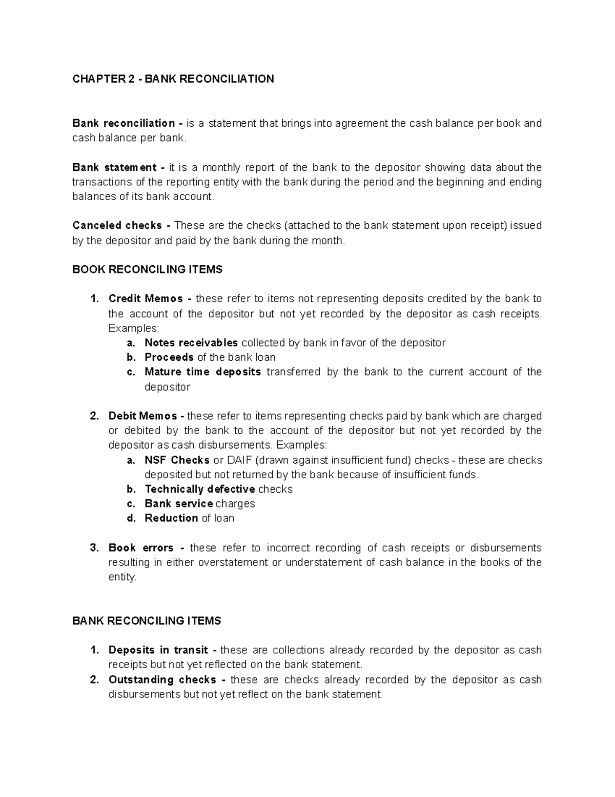 BANK Recon Notes - CHAPTER 2 - BANK RECONCILIATION Bank reconciliation ...