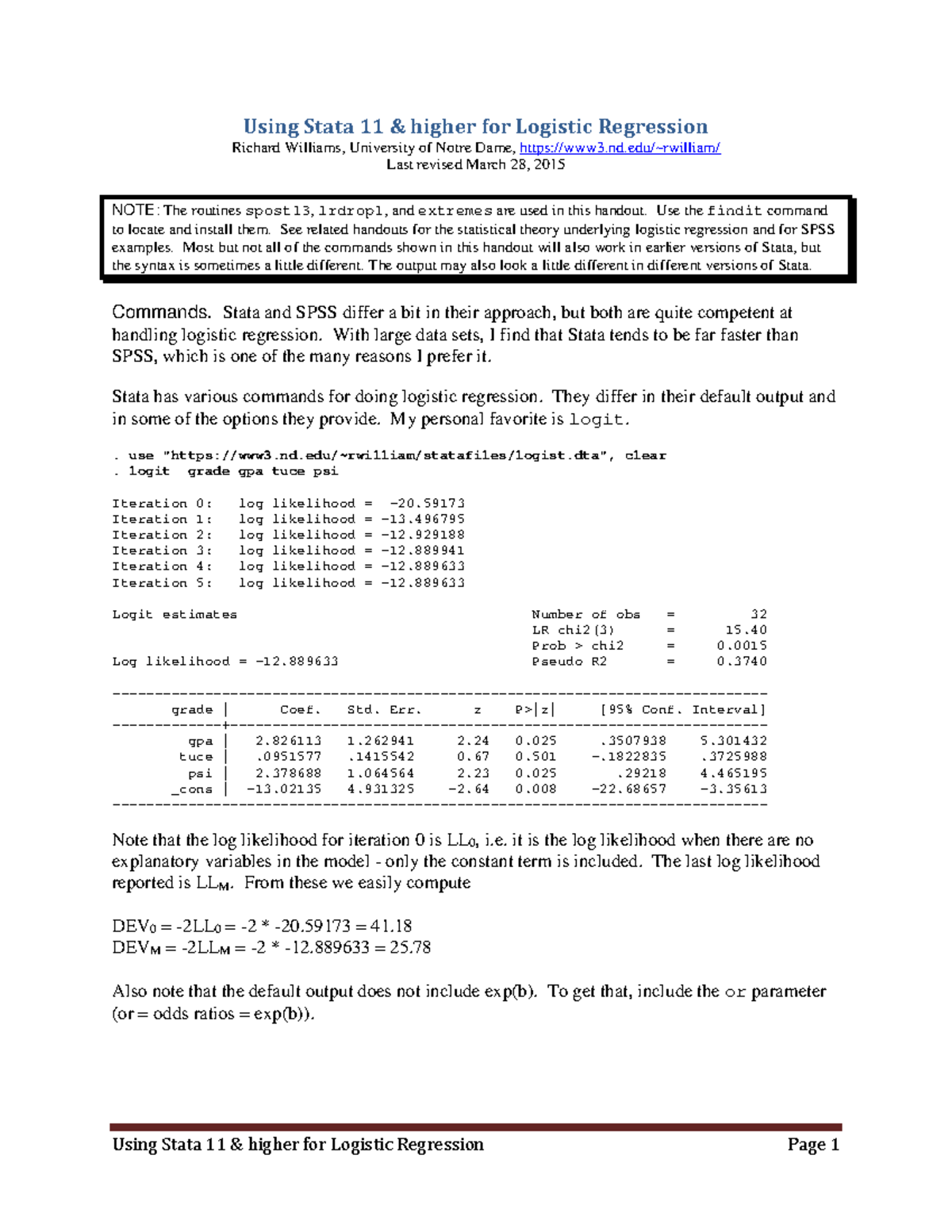 Using Stata 11 & higher for Logistic Regression - Using Stata 11 & higher for Logistic - Studocu