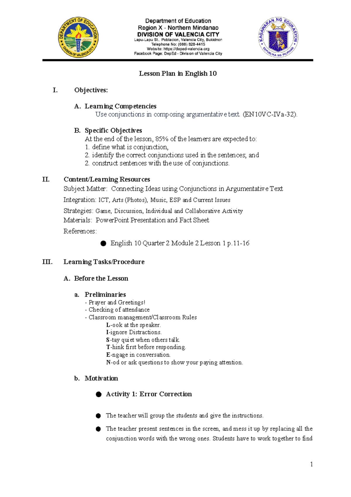 Connecting Ideas Using Comjunctions in Argumentative Text - Lesson Plan ...