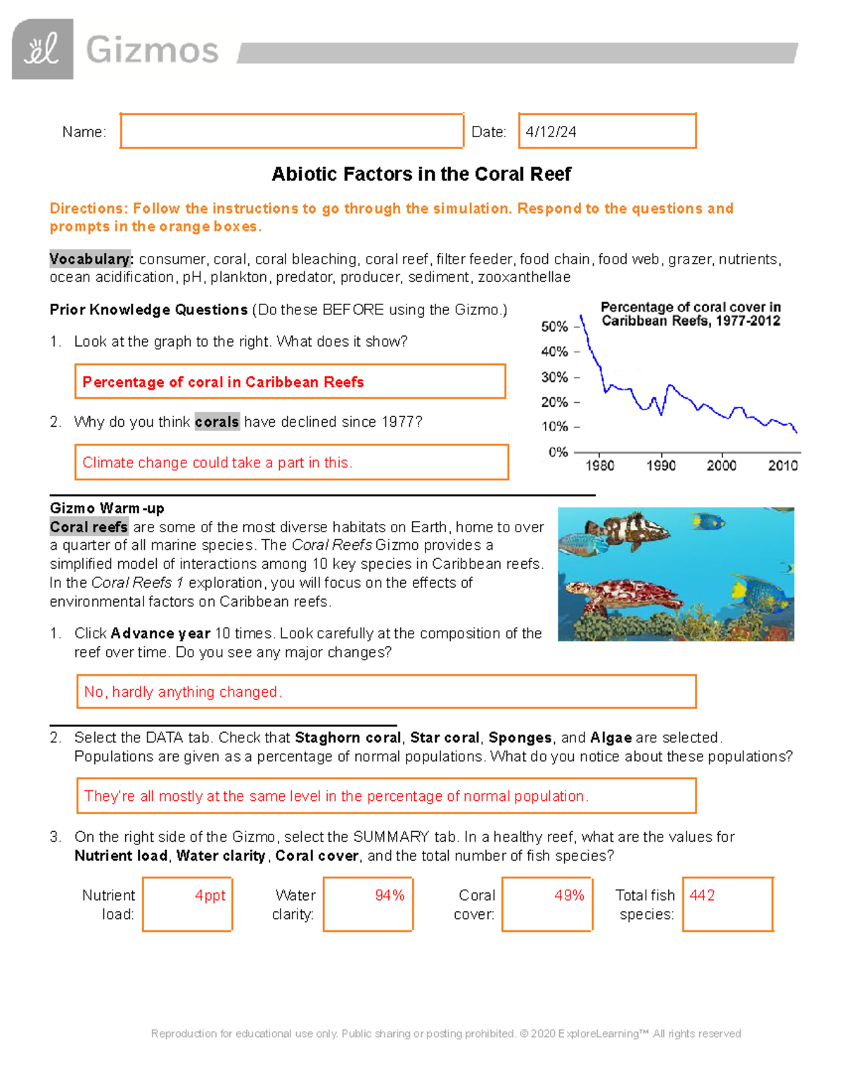 Cheat sheets for bio - Name: Date: 4/12/ Abiotic Factors in the Coral ...