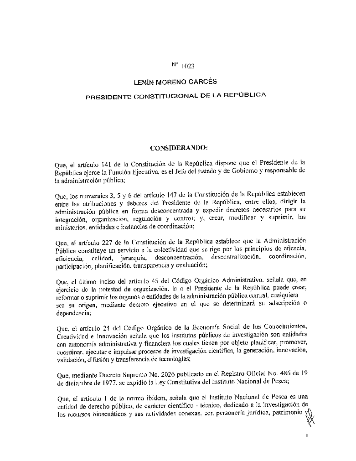 Decreto Ejecutivo No - DE de transformacion del INP - 1023 LENÍN MORENO ...