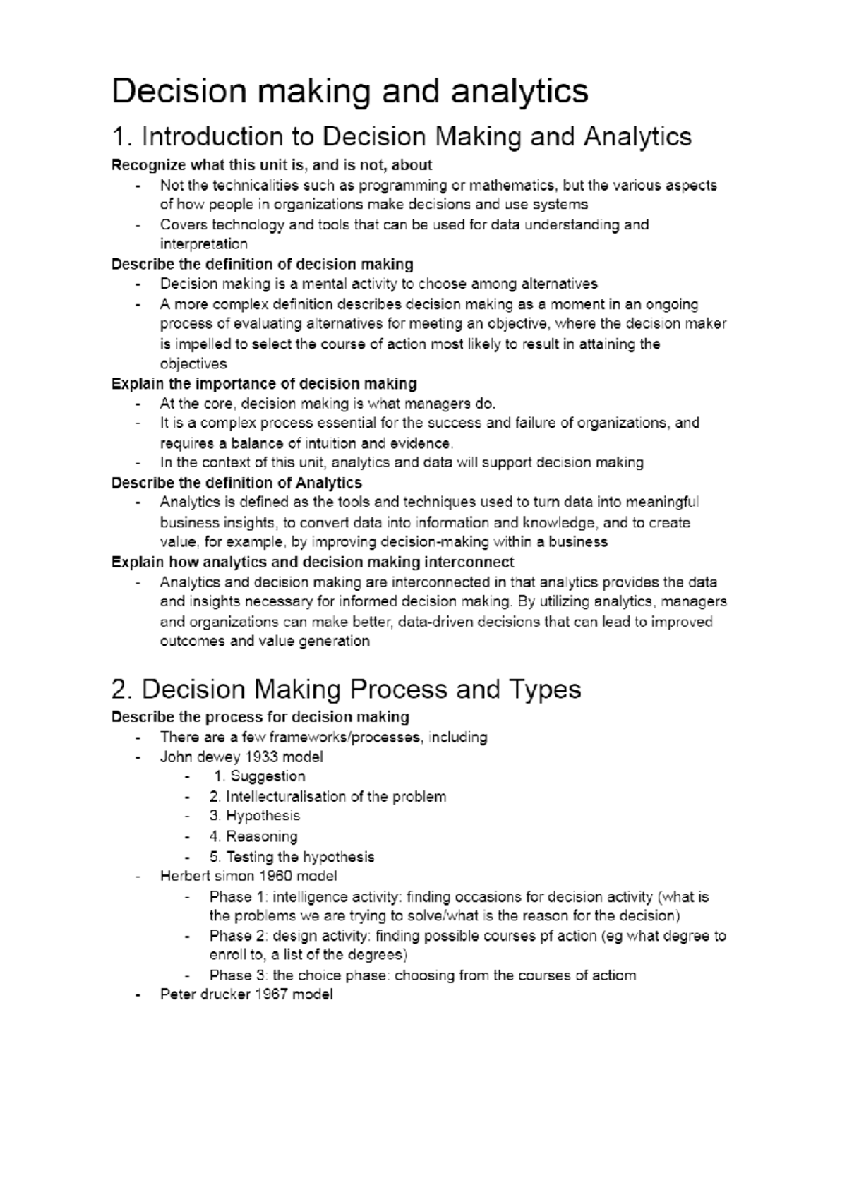 BUSA1000 - Full Content - Decision making and analytics 1. Introduction to Decision Making and ...