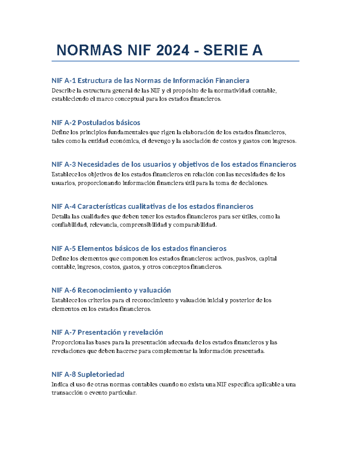 Resumen NIF 2024 Serie A Mexico - NORMAS NIF 2024 - SERIE A NIF A-1 Estructura de las Normas de ...