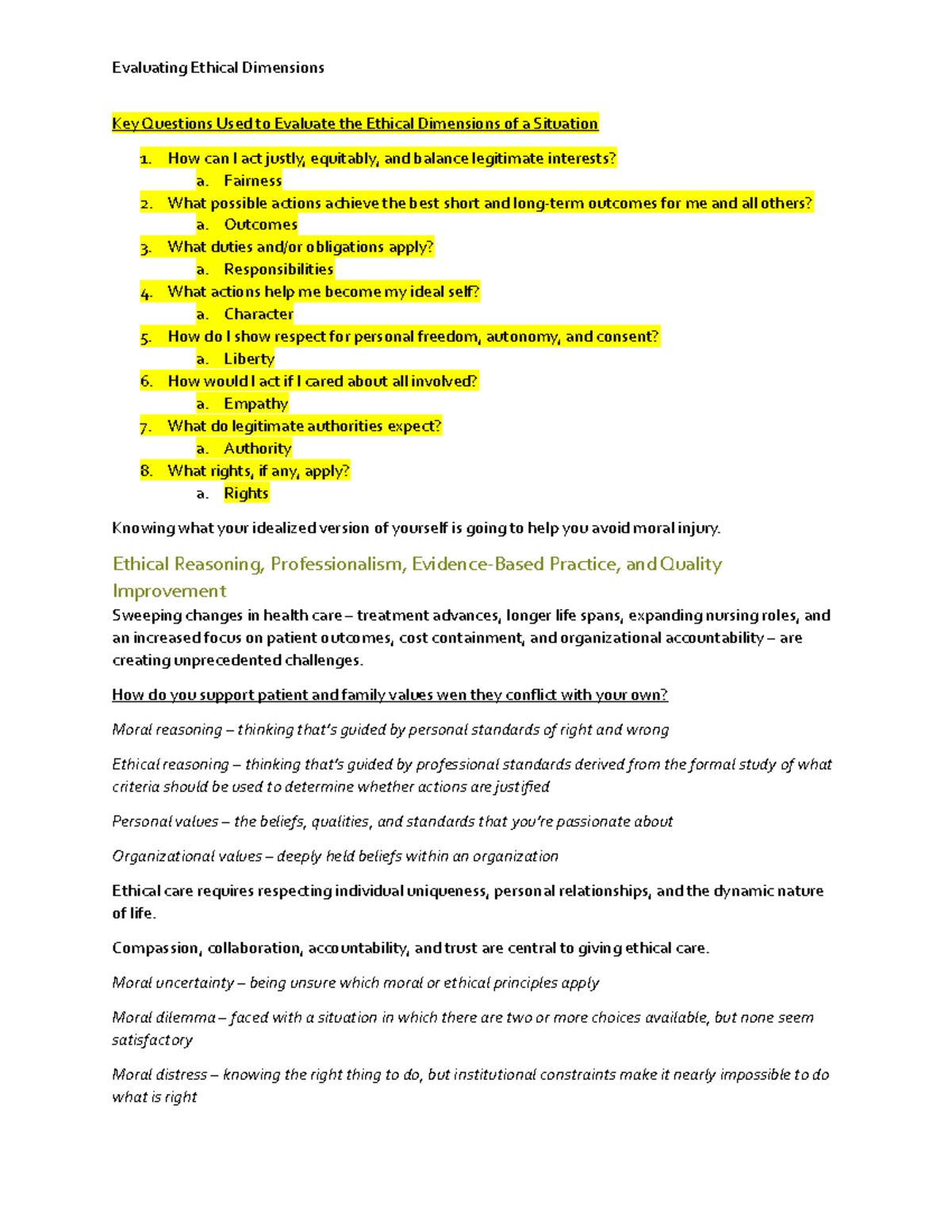 Evaluating Ethical Dimensions - Key Questions Used to Evaluate the ...
