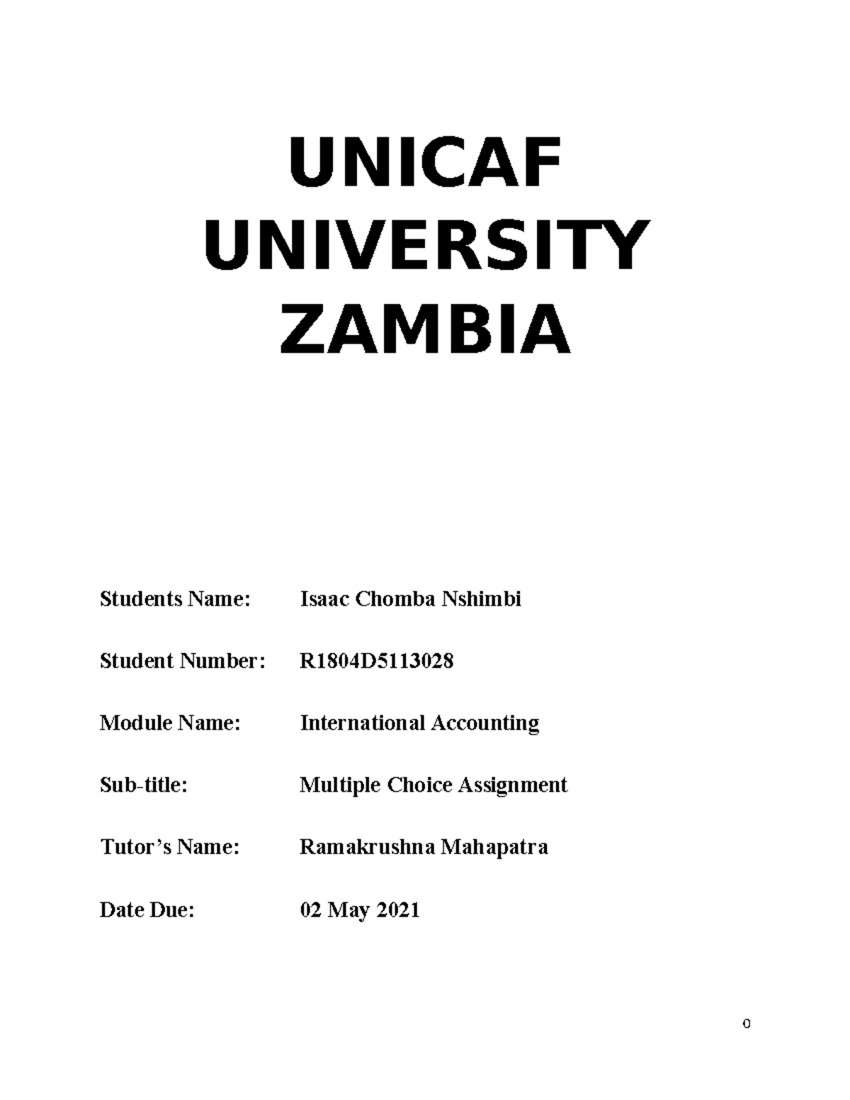 Final Assignment - International Accounting - UNICAF UNIVERSITY ZAMBIA ...