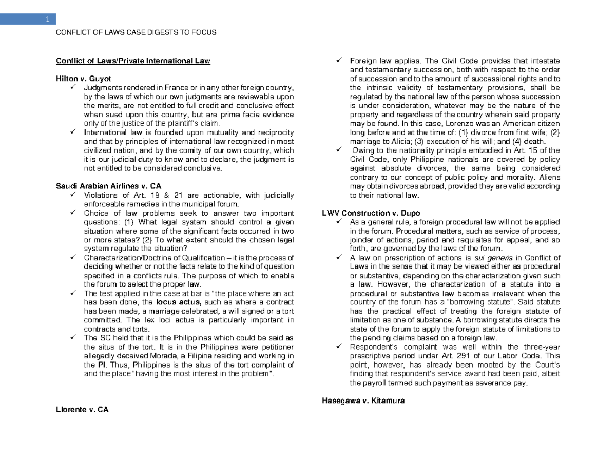 Conflict OF LAWS CASE Digests TO Focus FOR Midterms AND Finals ...