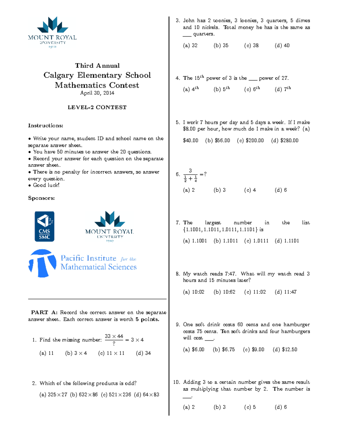 Cesmc 2014 Level 2 Contest Paper - Third Annual Calgary Elementary ...
