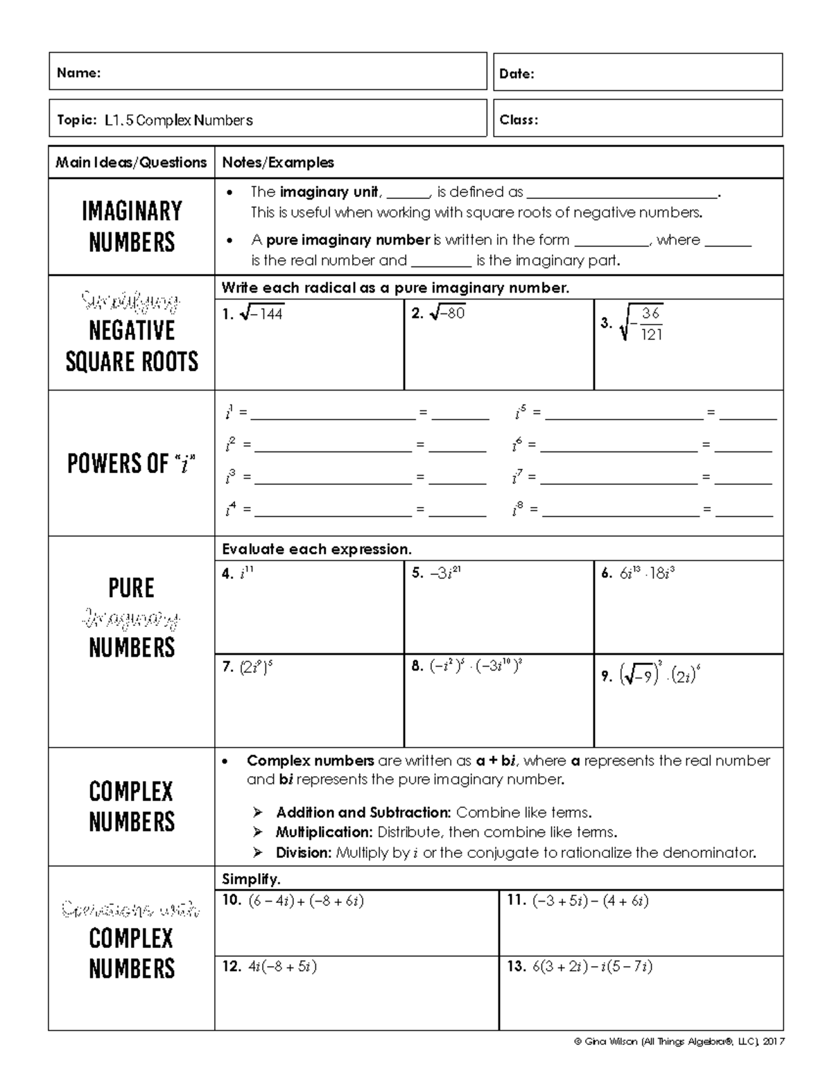 L1 - Class work and homework l1.5 complex numbers - Main Ideas ...