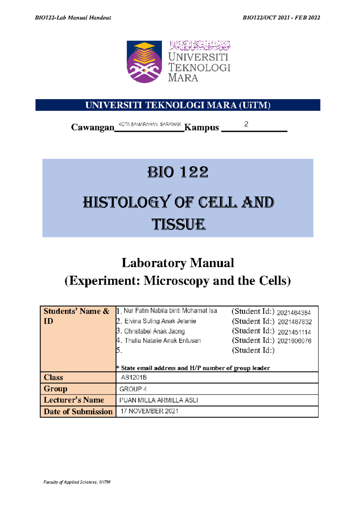 LAB BIO Report FOR REFERENCES - BIO122/OCT 2021 - FEB 2022 Faculty of ...