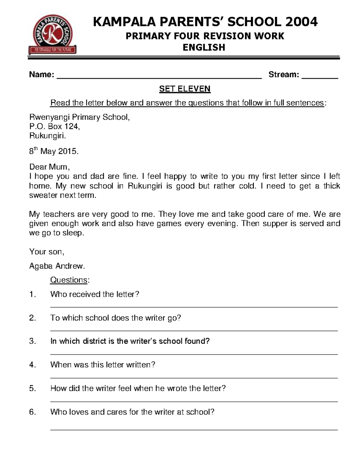Primary FOUR - SET Eleven - PRIMARY FOUR REVISION WORK ENGLISH Name ...