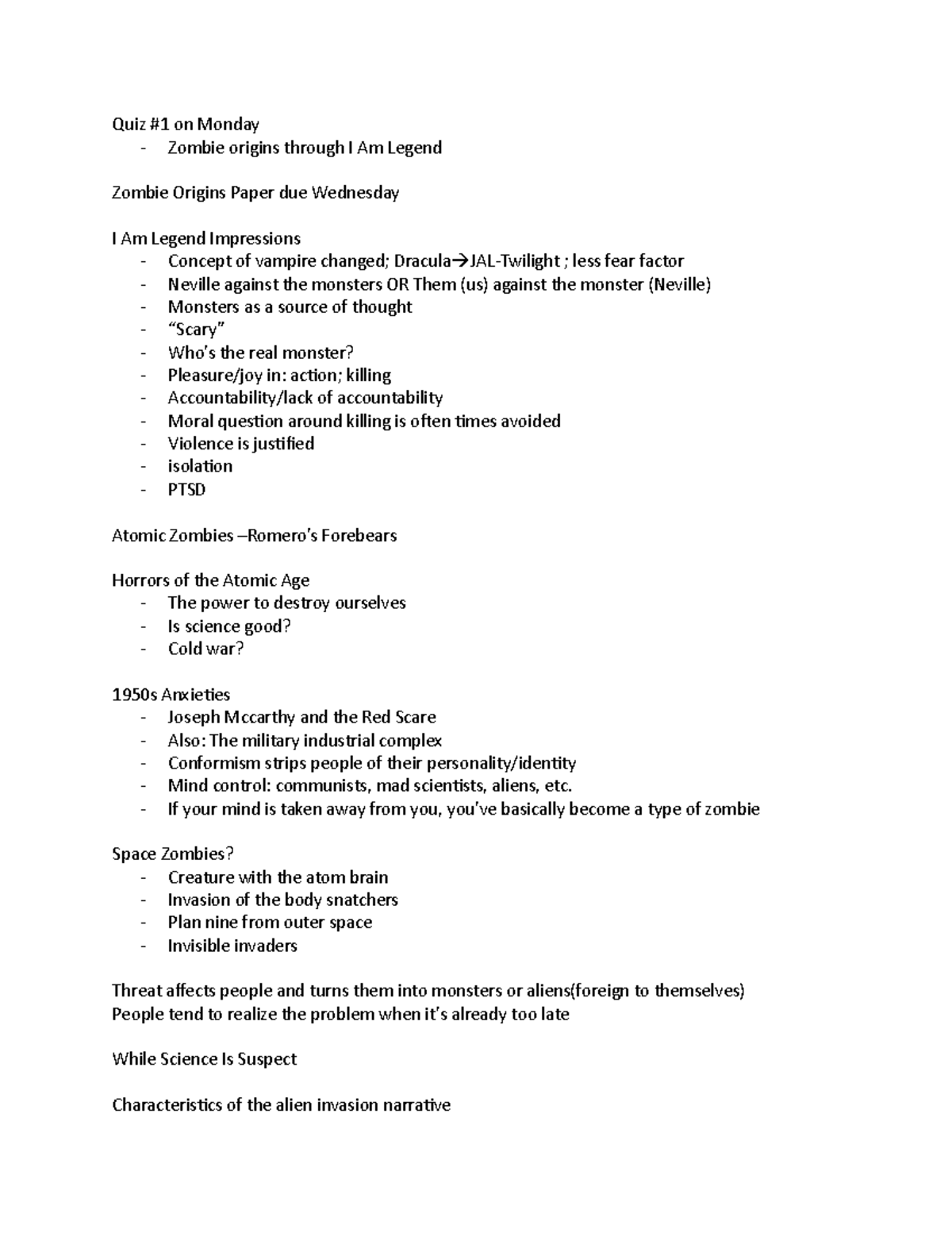 Zombie Class Sept 20 2021 - Quiz #1 on Monday - Zombie origins through ...