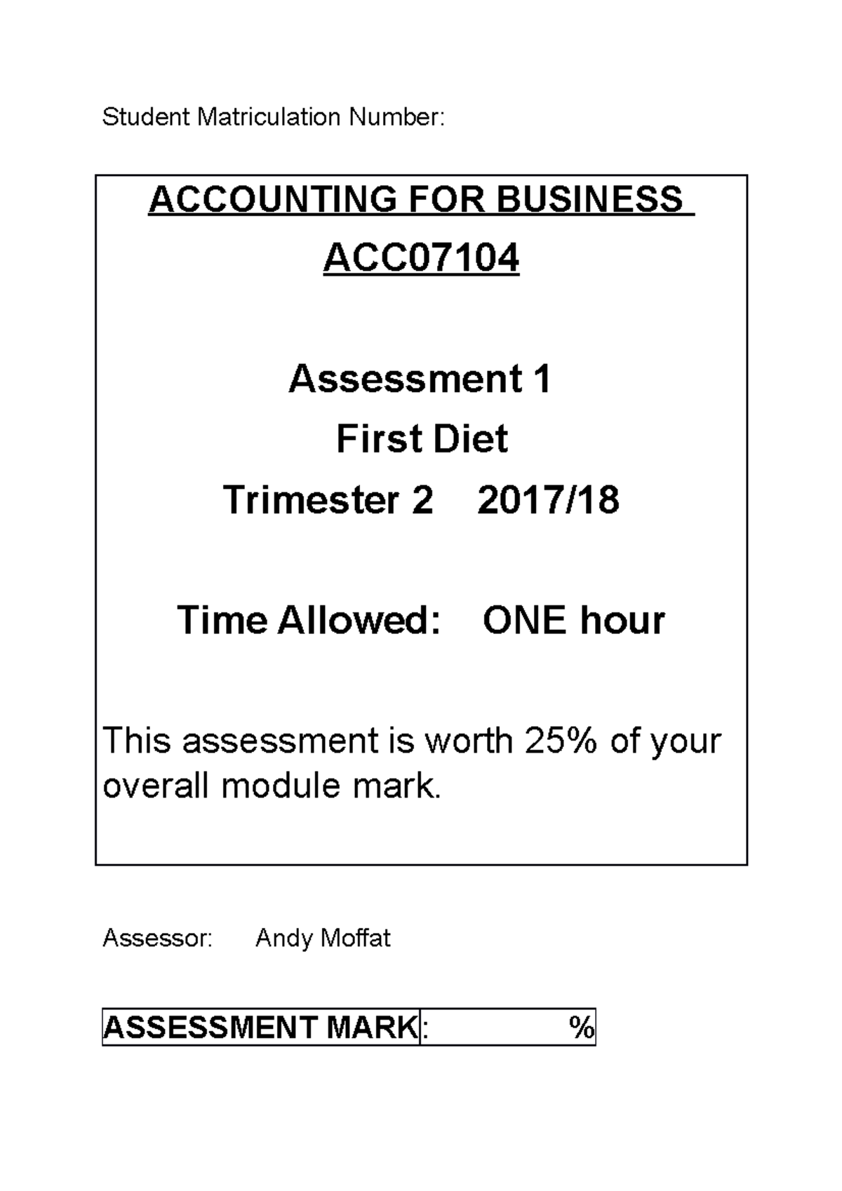 Accounting assessment 1 sample - Student Matriculation Number ...