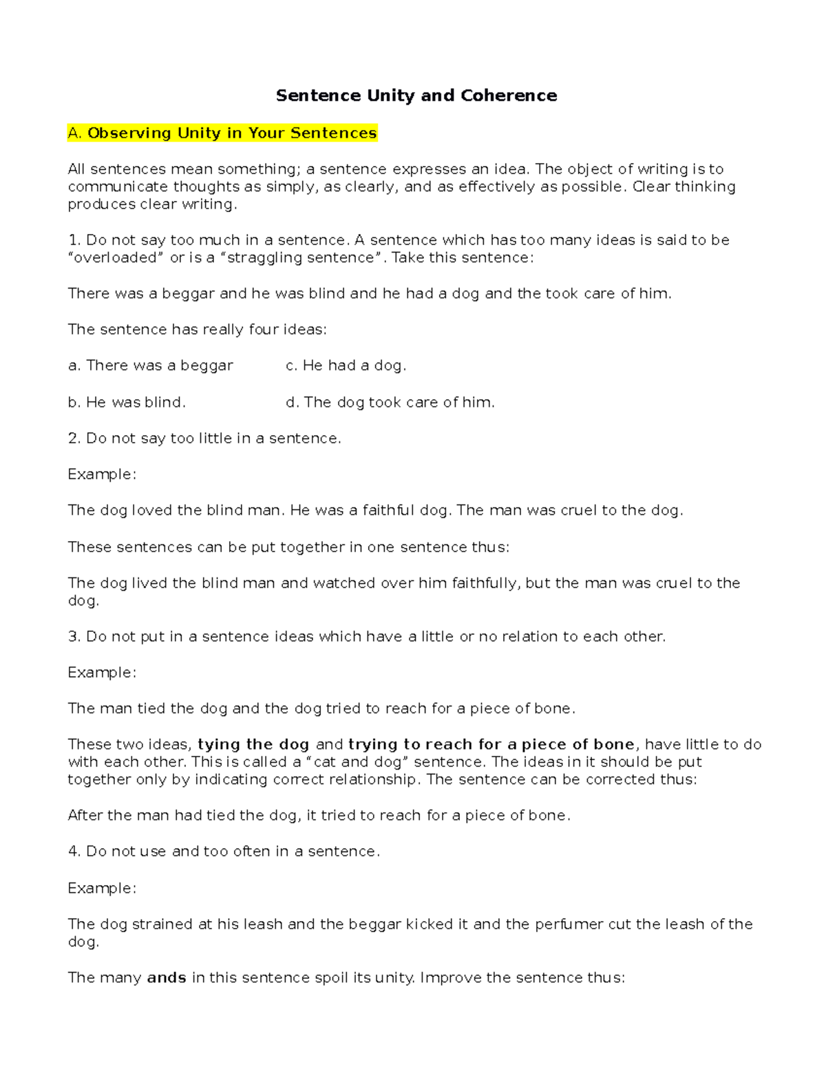 Sentence unity and coherence - Sentence Unity and Coherence A ...