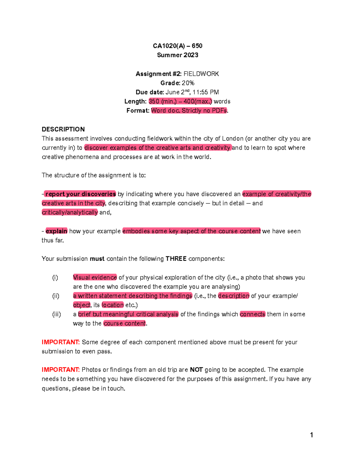 Fieldwork assignment instructions - 1 CA1020(A) – 650 Summer 2023 ...