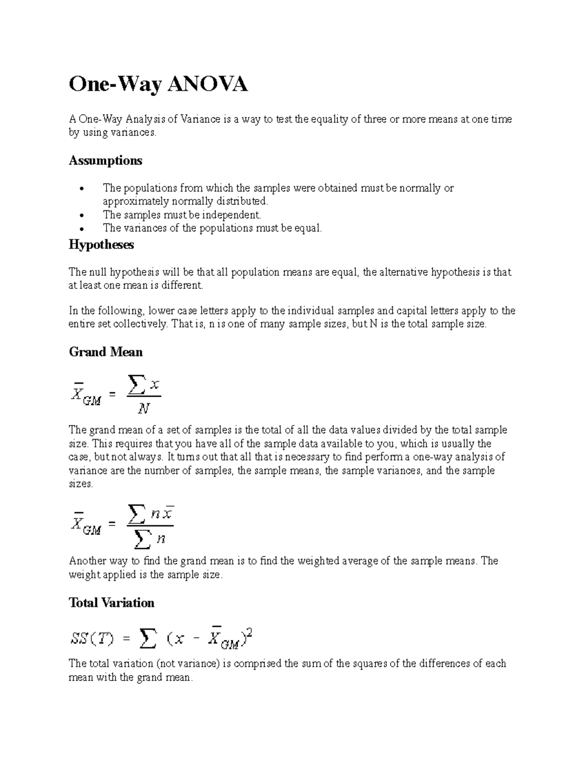 Stats 14 - one way analysis of variance class notes - One-Way ANOVA A ...