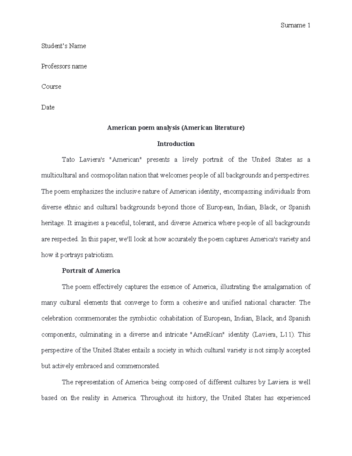 American poem analysis (American literature) - Student’s Name ...