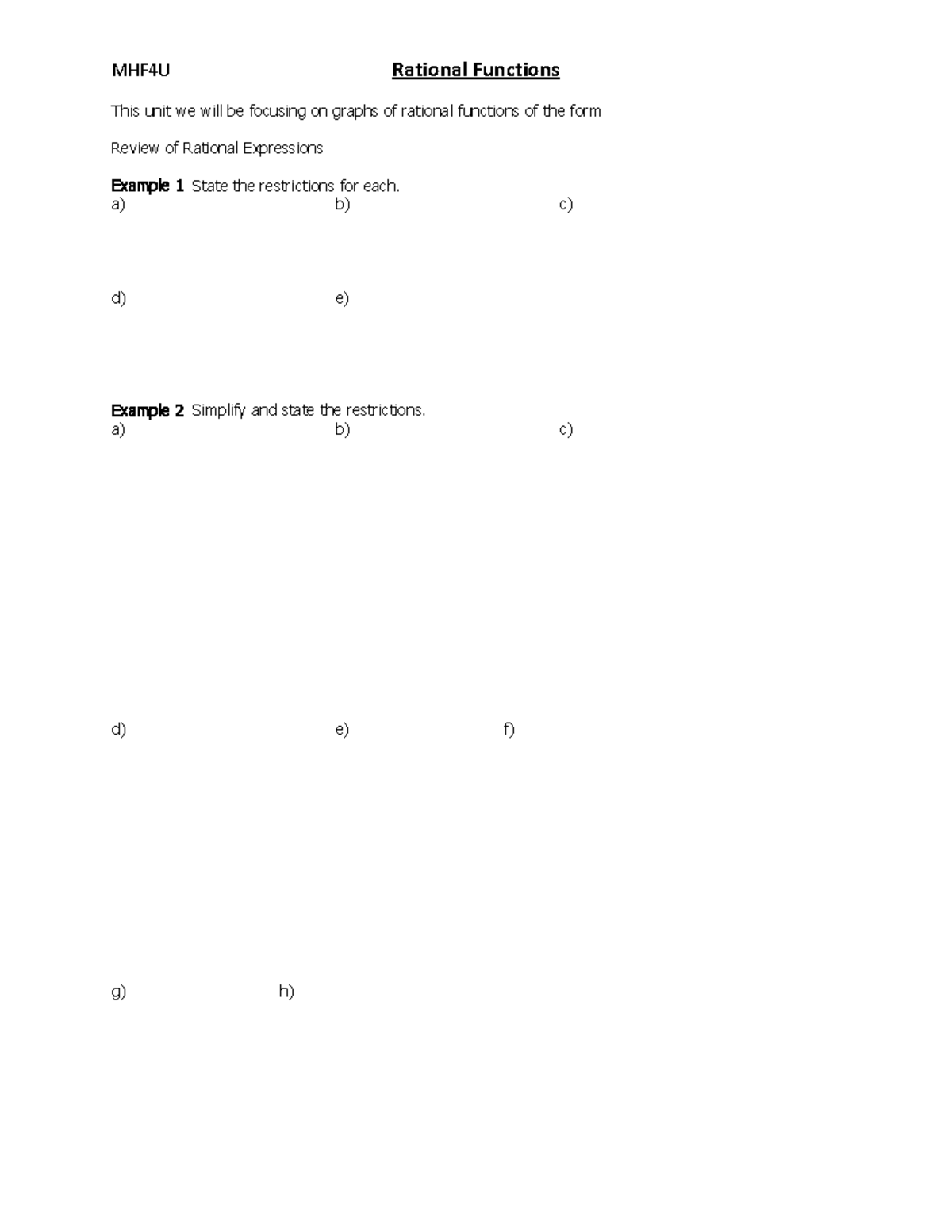 Lesson 1 rational functions - MHF4U Rational Functions This unit we ...
