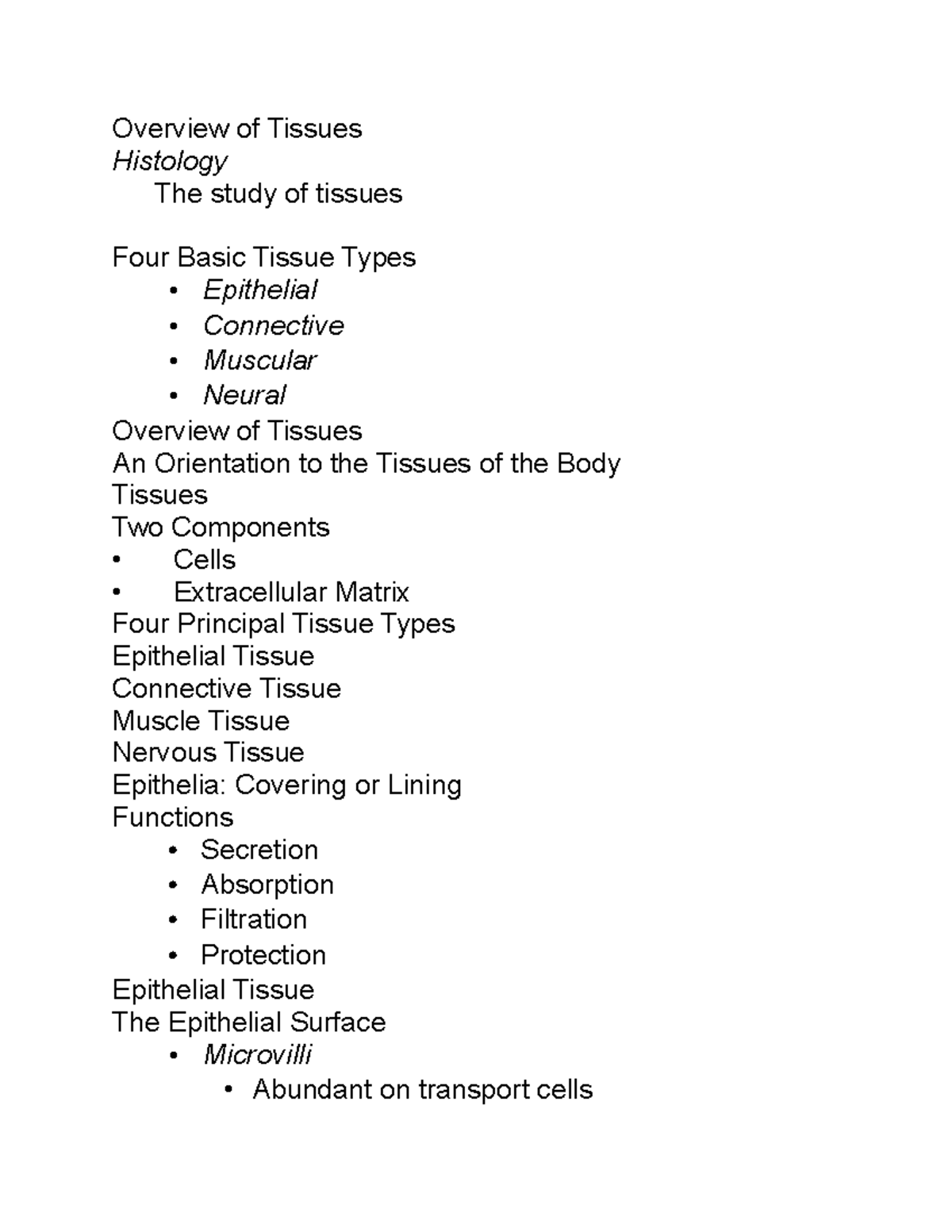Overview of Tissues - Typed notes over powerpoint - Overview of Tissues ...