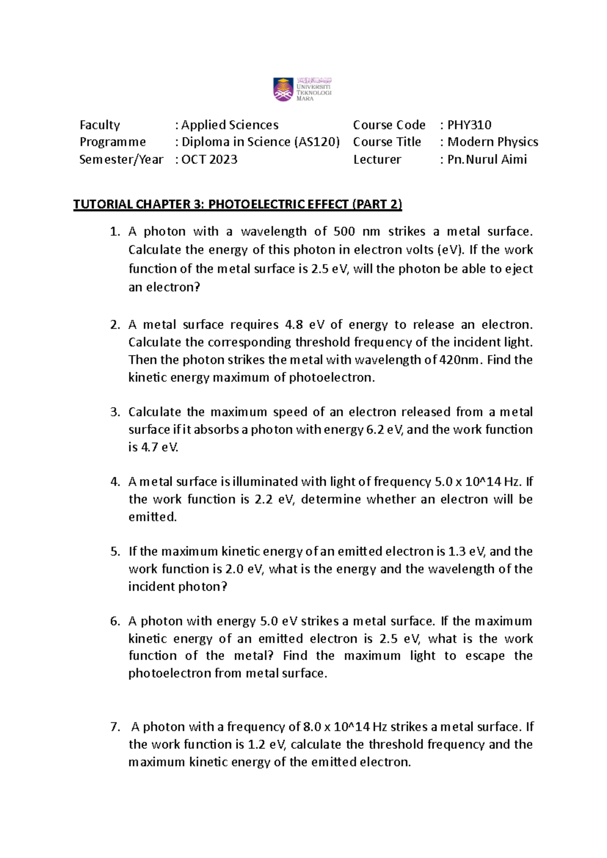PHY310 Tutorial Chapter 3 Part 2 (1) - Faculty : Applied Sciences Course Code : PHY Programme ...