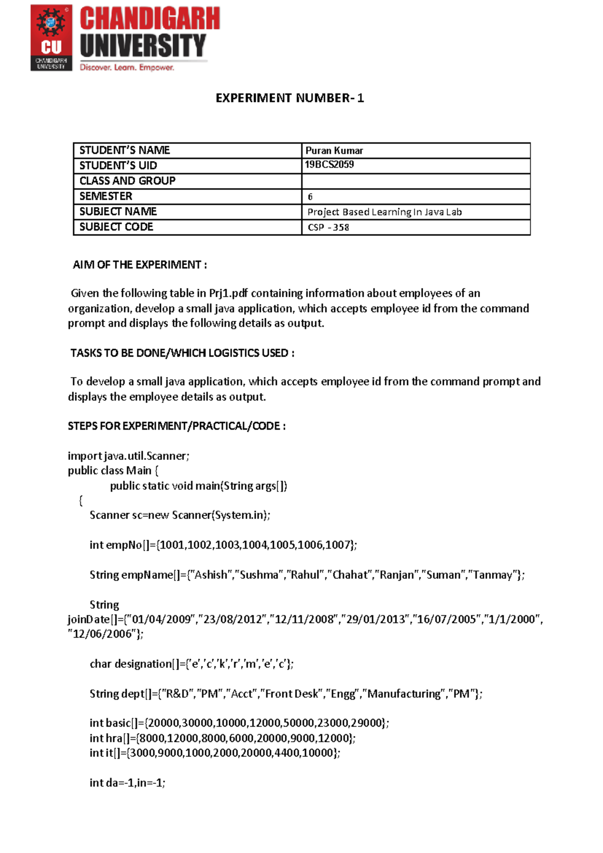 Java labbbbbbbbbbbbbb - STUDENT’S NAME STUDENT’S UID CLASS AND GROUP SEMESTER 6 SUBJECT NAME ...