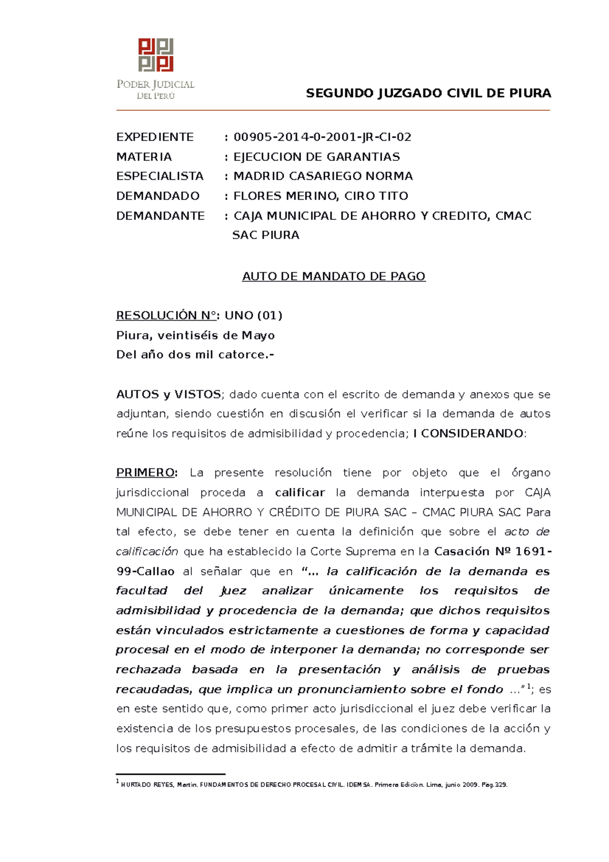 1. AUTO Admisorio - Mandato DE Ejecucion - Ejecucion DE Garantias ...