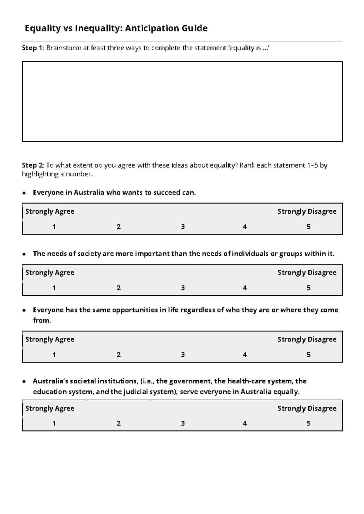 Handout Equality vs Inequality Anticipation Guide[ 134] - Equality vs ...