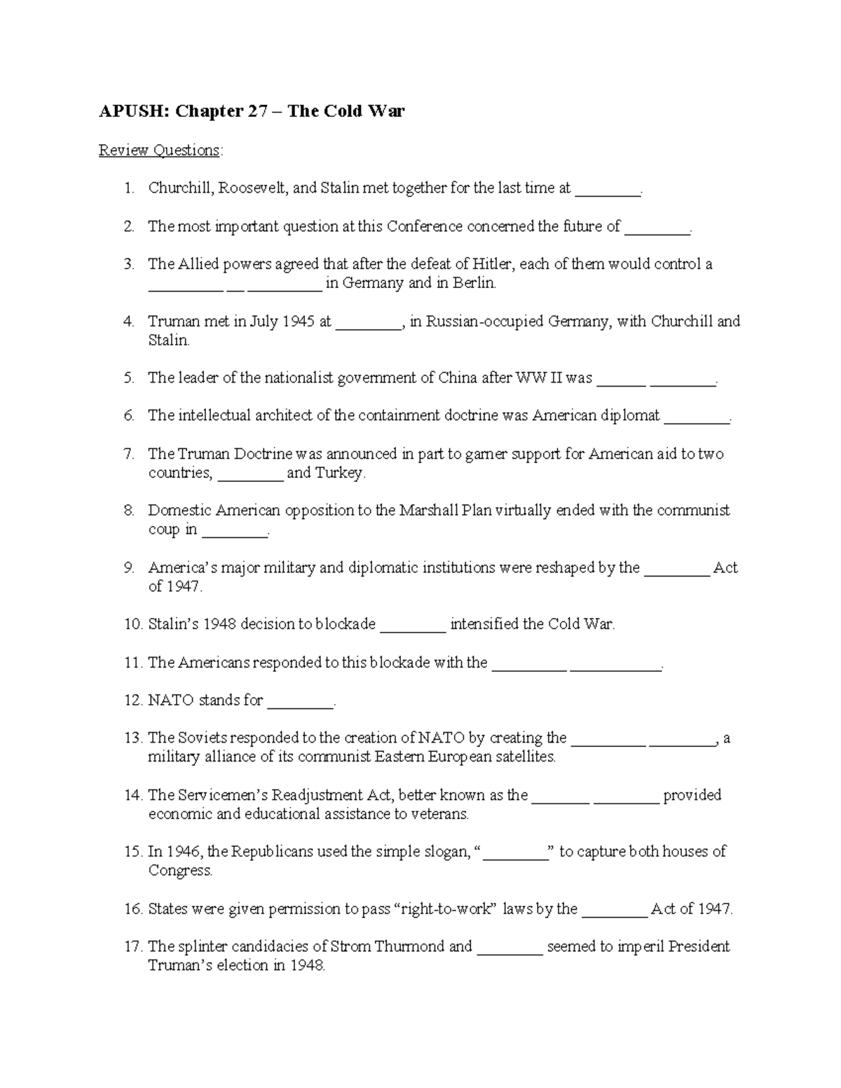 Apush-Chapter 27Review Questions - APUSH: Chapter 27 – The Cold War ...