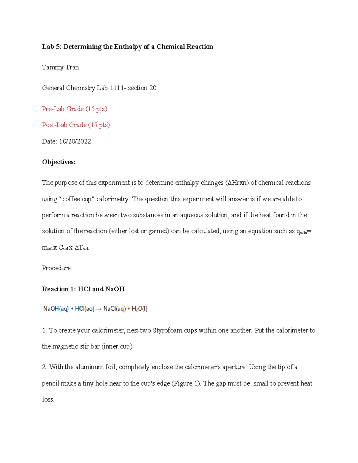 Determining the Enthalpy of a Chemical Reaction Lab report - Lab 5 ...