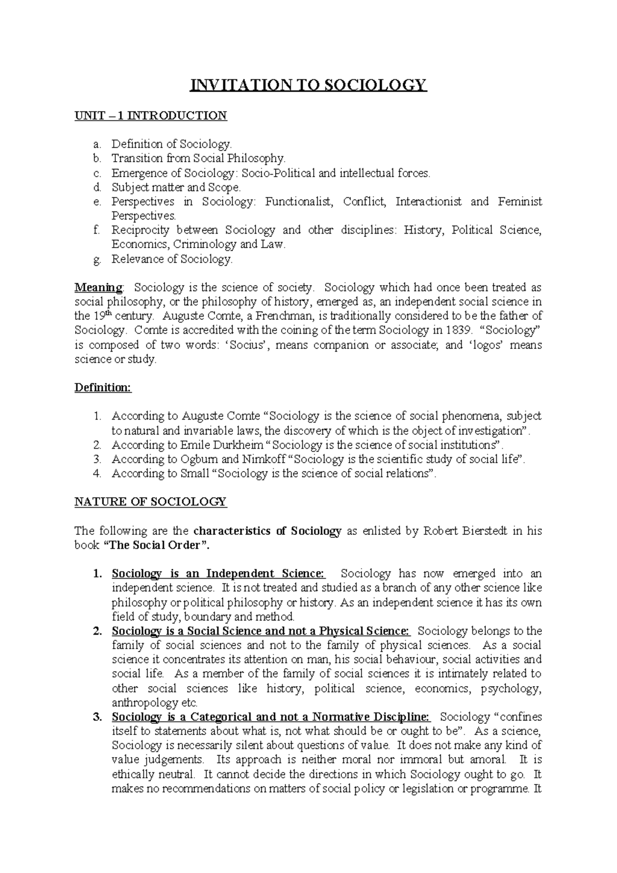 Sociology first sem notes-1 - INVITATION TO SOCIOLOGY UNIT – 1 ...