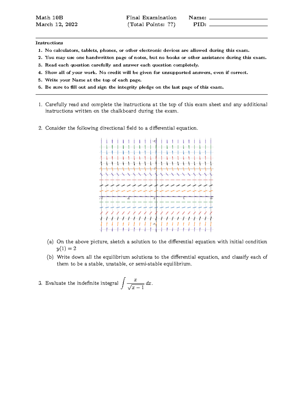 10b practice final - Math 10B March 12, 2022 Final Examination (Total ...